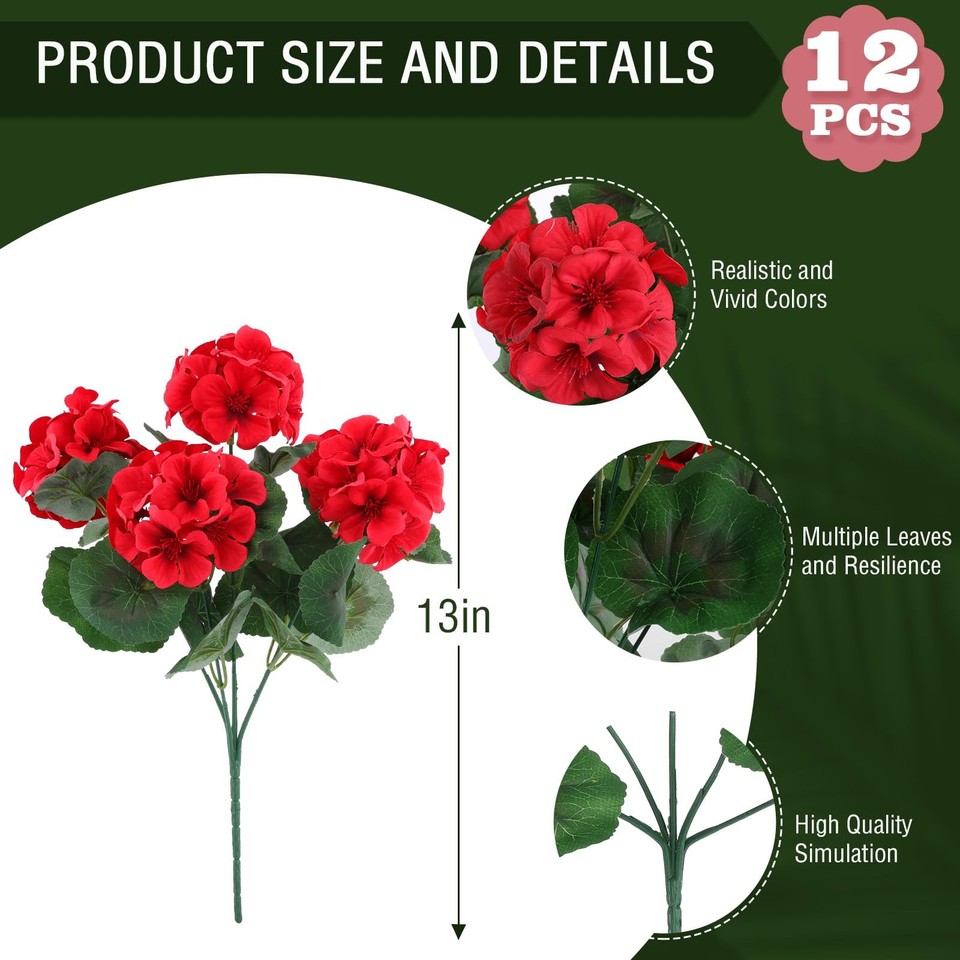 12 Pcs Artificial Geranium Flowers for Outdoors Geranium Silk Red ...