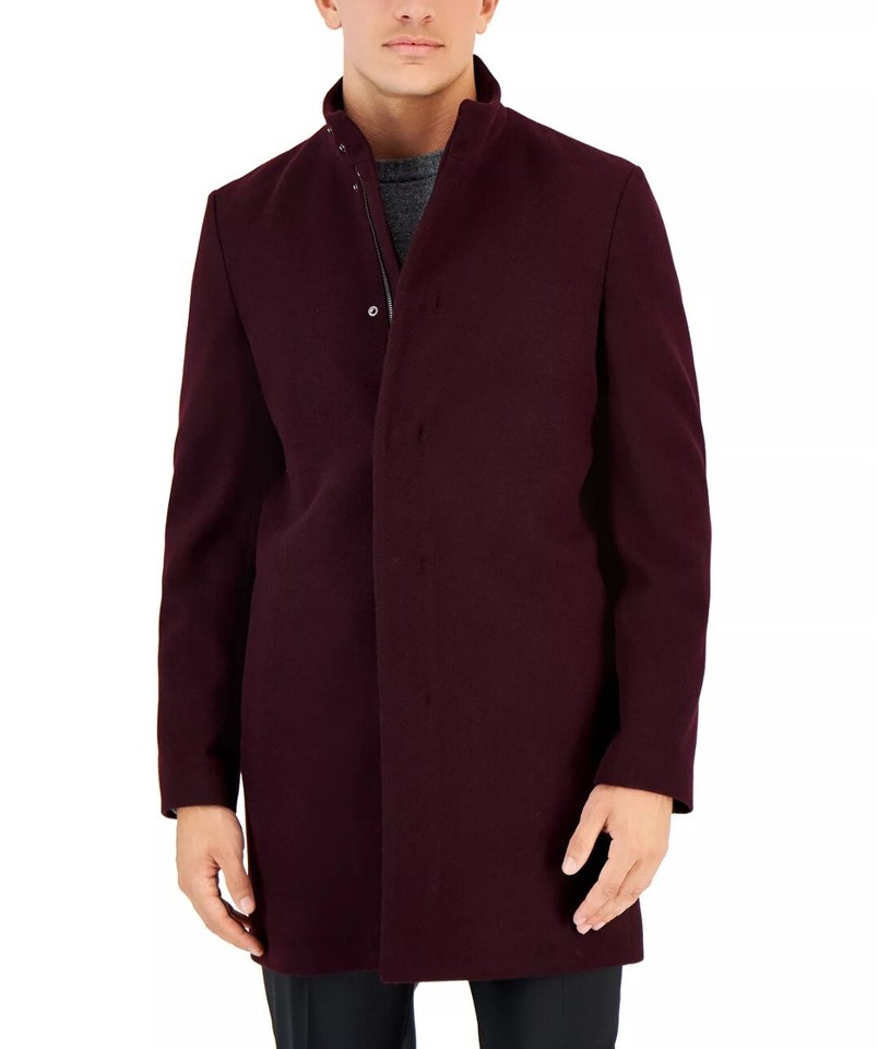 Calvin Klein Men's Mayden Slim-Fit Overcoat Coat 40L Burgundy Wine Wool ...