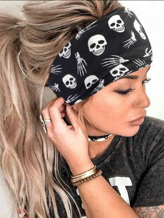 Boho Style Bandana Wide Knotted Headband Hair Tie Skulls Skeleton ...