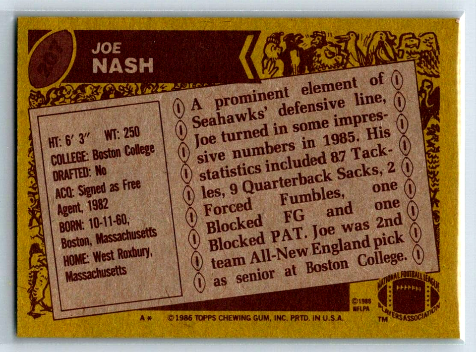 1986 NFL Topps Joe Nash #207 Seattle Seahawks 86-TFBC | eBay