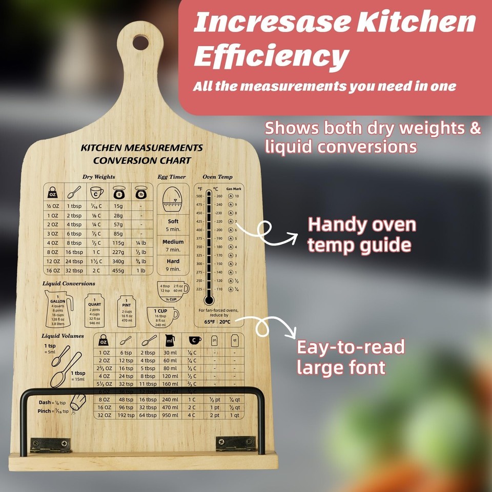 Kitchen Conversion Chart Cookbook Stand, Sturdy Wood Cook Book Holder ...