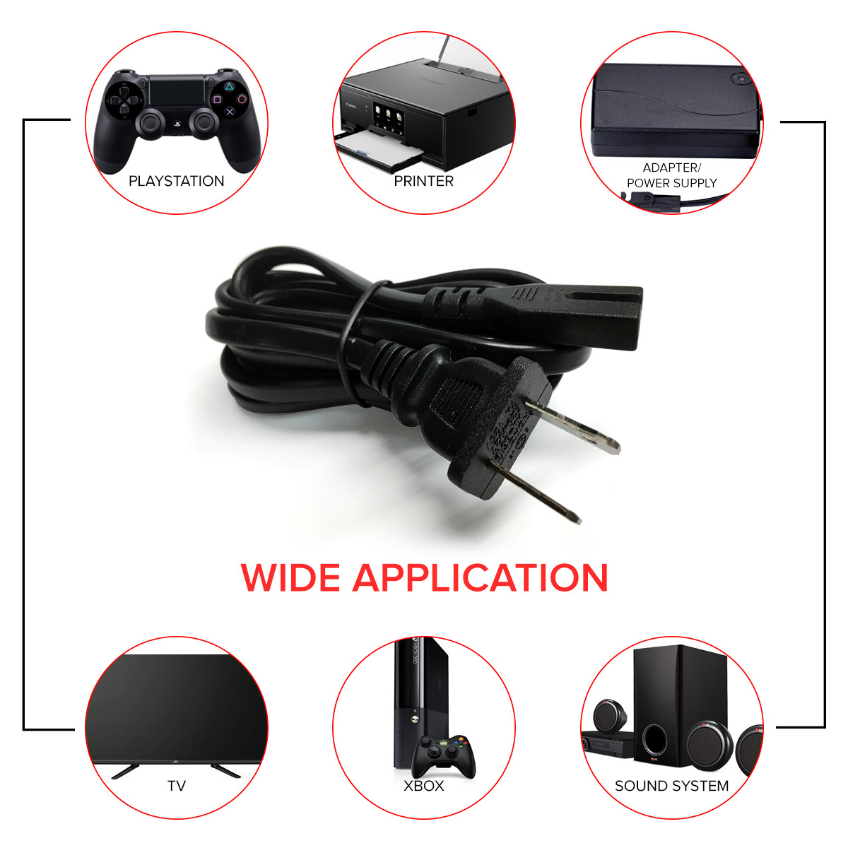 Polarized AC Power Cord 2 Prong Square Round for TV Printer Laptop PC ...