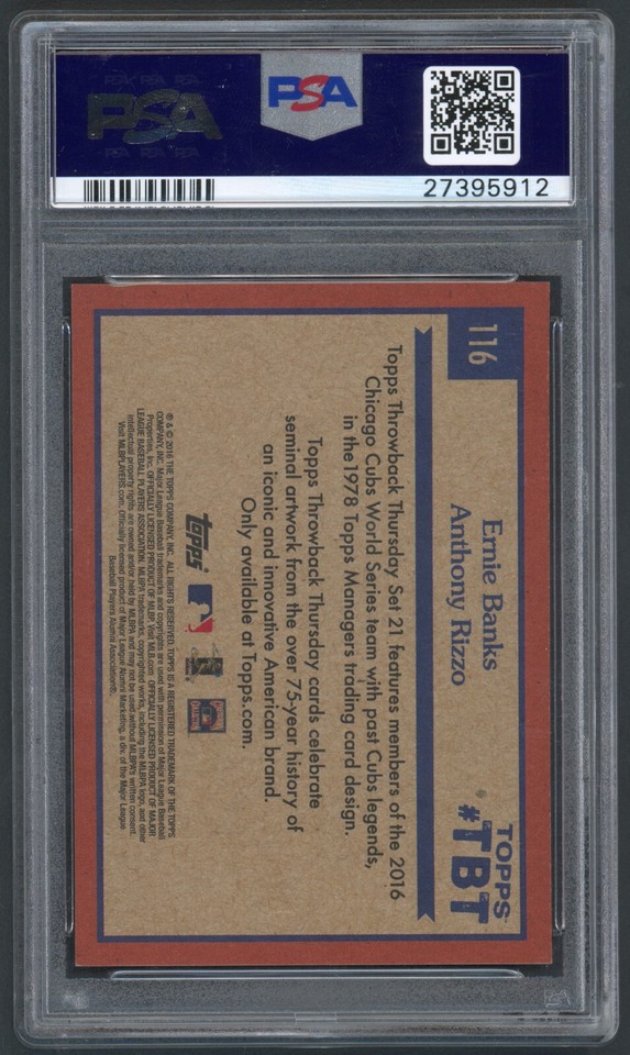 2016 Topps Ernie Banks Anthony Rizzo Cubs 116 PSA 10 GEM MINT Throwback ...