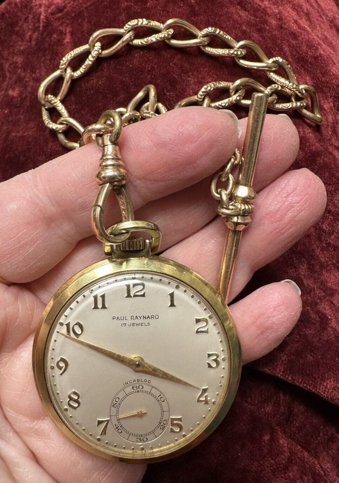 Paul Raynard 17 Jewels Pocket Watch W/ Gold Filled Watch Chain Fob 12"L ...