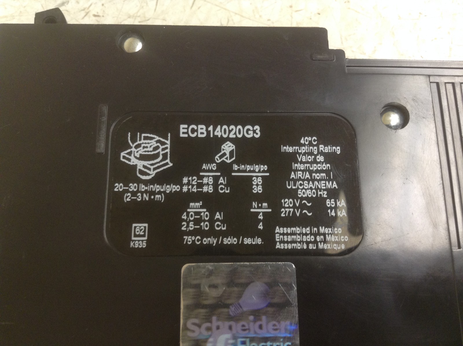 Square D ECB14020G3 20 Amp 277 VAC 1 Pole Circuit Breaker ECB ECB14 | eBay