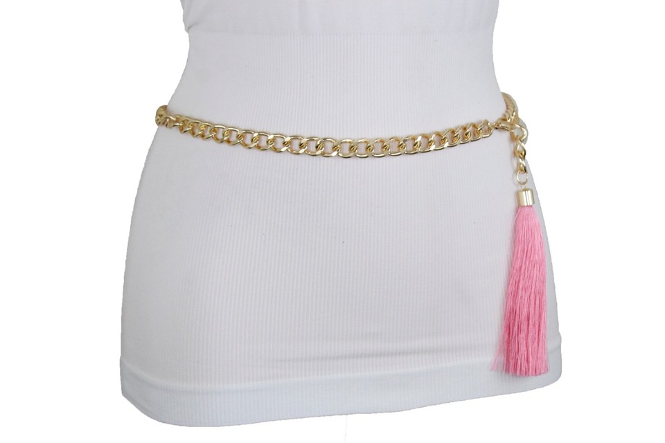 Women Fashion Sexy Belt Gold Metal Chain Long Pink Tassel Charm XS S M ...
