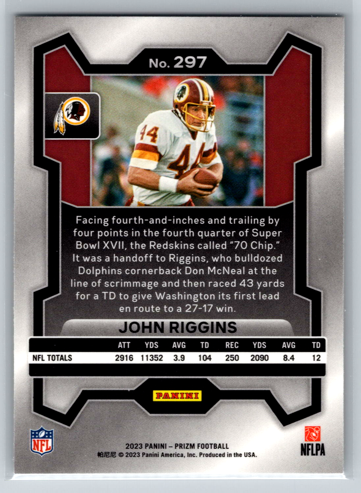 John Riggins 2023 Panini Prizm Base Set Card #297 Washington Redskins ...