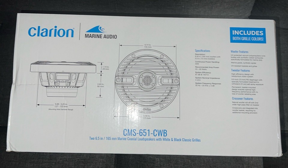 Clarion CMS-651-CWB Marine 6.5" 2-Way Speakers 60w Pair & 4 Classic B/W ...