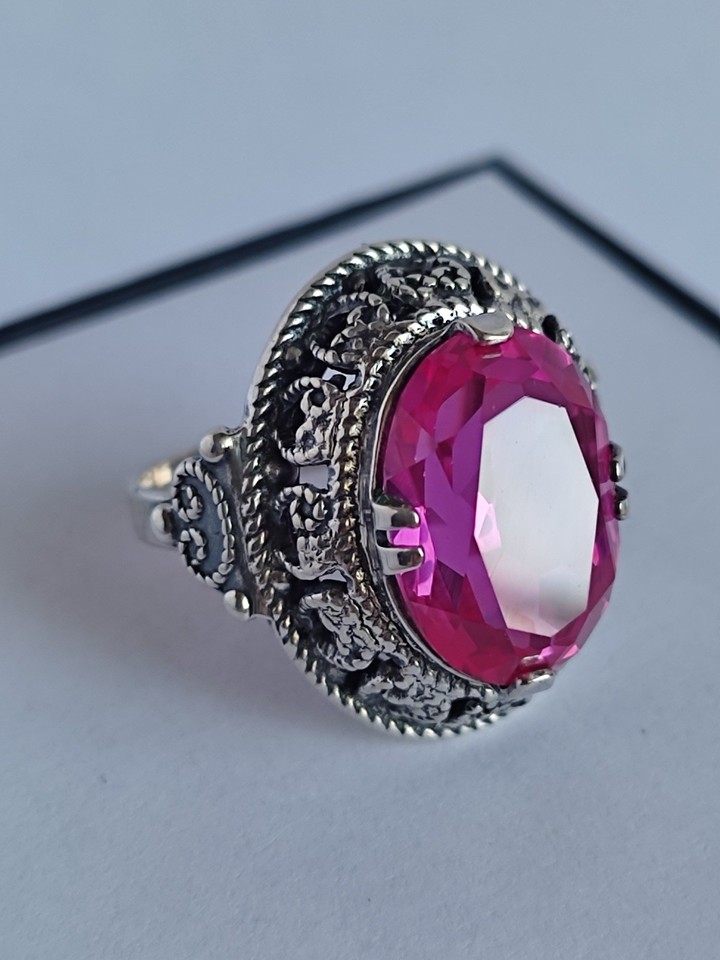 Old Vintage 70s Soviet Silver 875 USSR Ring Pink Sapphire Stone Size US ...