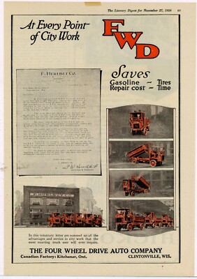 1920 Four Wheel Drive FWD Trucks Ad: Letter from F. Hurlbut Co. Green ...