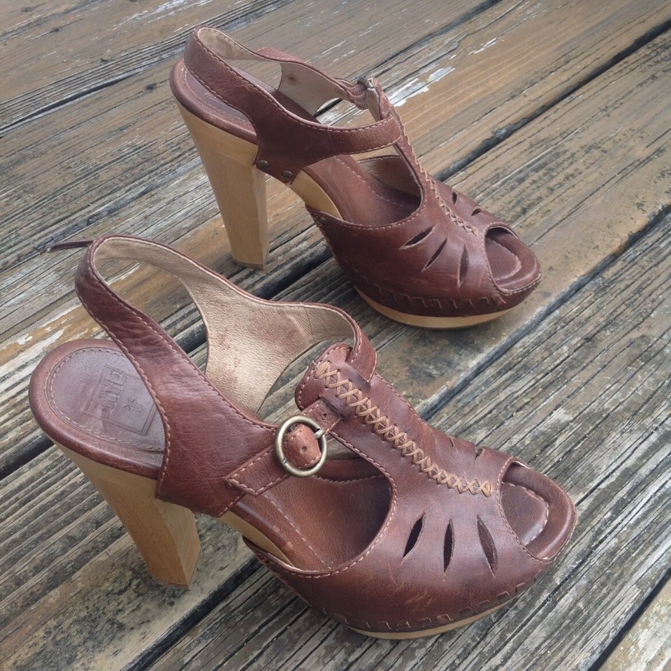 Frye Brown Leather Fran Sandals 8.5 X Stitch Platform Wood Peep Toe ...