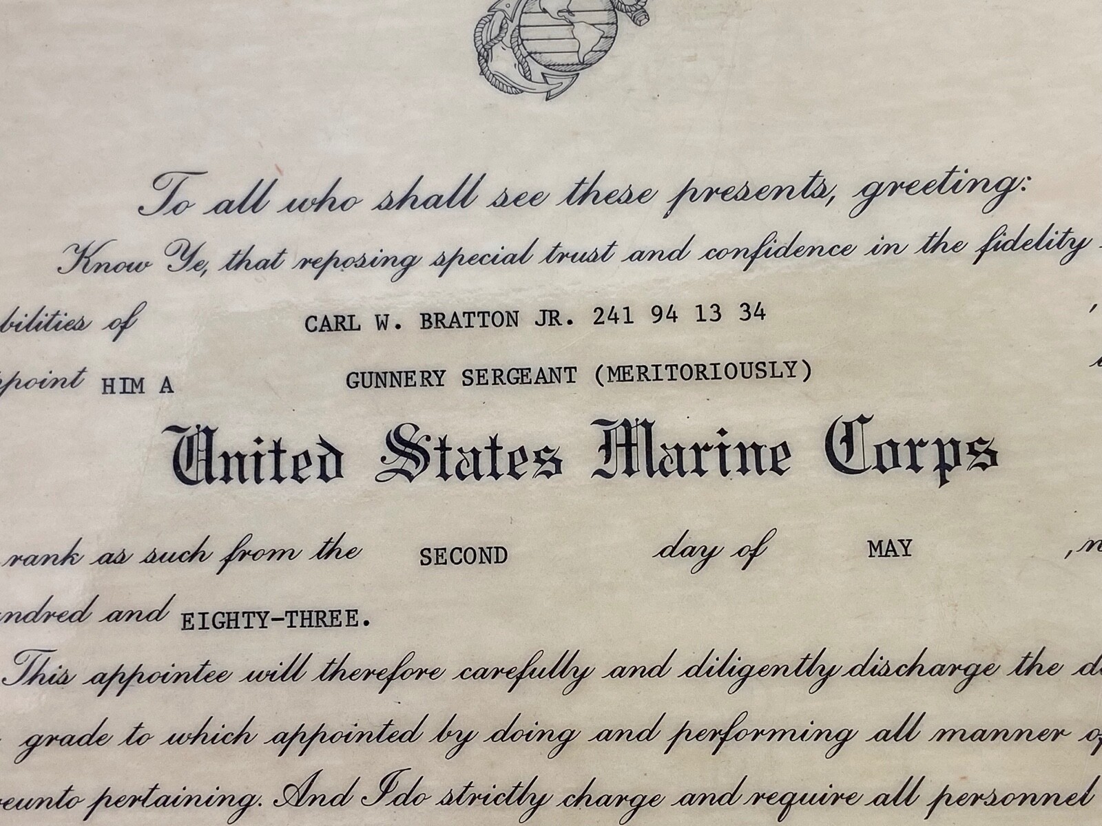 1983 USMC Named Marines Promotion To Gunnery Sergeant Certificate ...