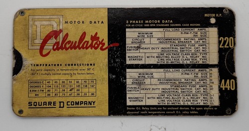 Vintage Square D Motor Data Calculator Slide Chart - 1953 NEC - A | eBay