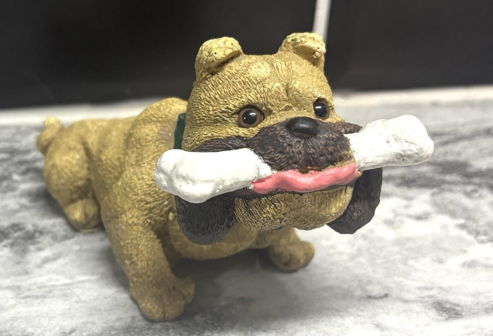 Hand Cast English Bulldog Puppy Bone In Mouth Green Studded Collar Made ...