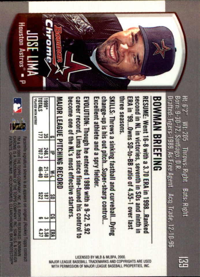 2000 Bowman Chrome Baseball Card #139 Jose Lima | eBay