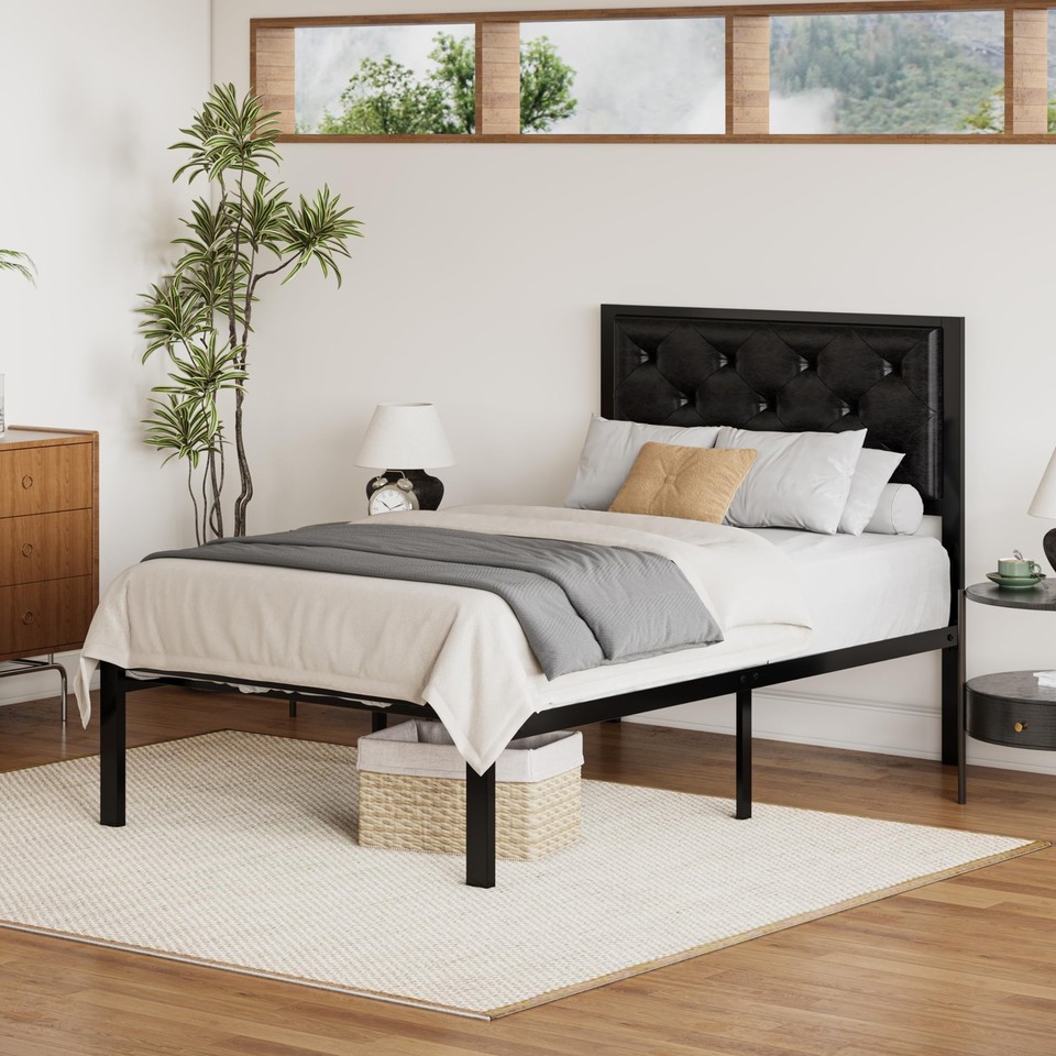 Twin Size Metal Platform Bed Frame, PU Leather Upholstered Button ...