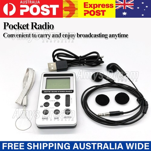Silver FM/AM Radio Pocket Receiver Portable Digital LCD Stereo Earphone ...