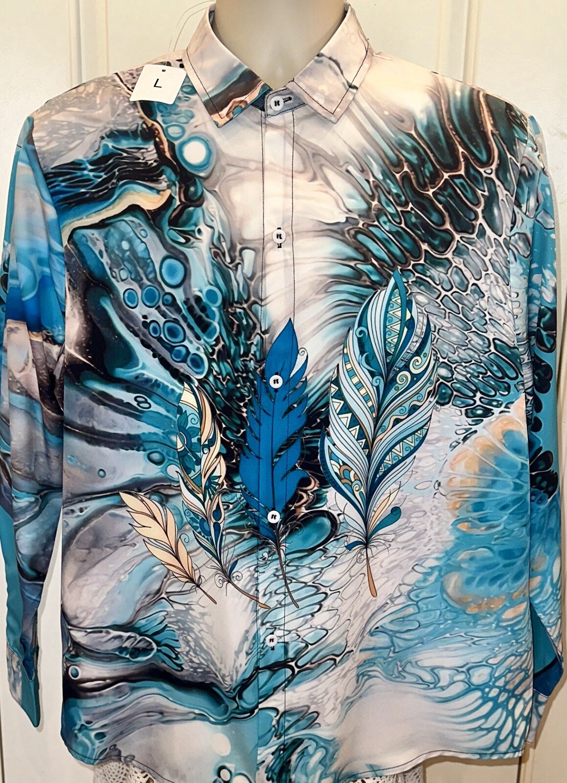 Temu Men’s Teal Water & Feather Print Long Sleeve Casual Button Shirt ...