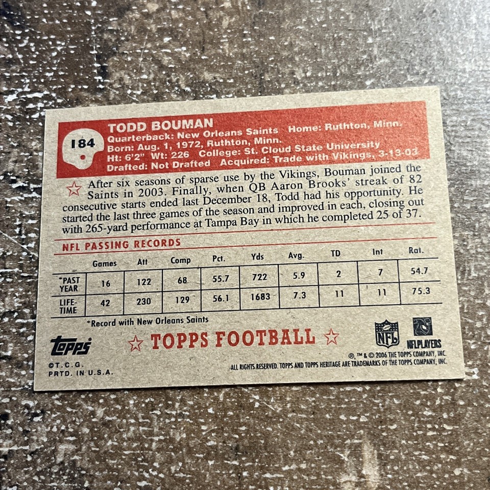 2006 Topps Heritage Football Card #184 Todd Bouman | eBay