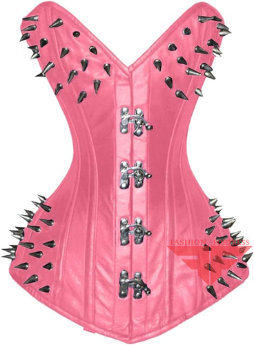 Women Handmade Overbust Pink Leather Spiked Corset Steel Boned Waist ...