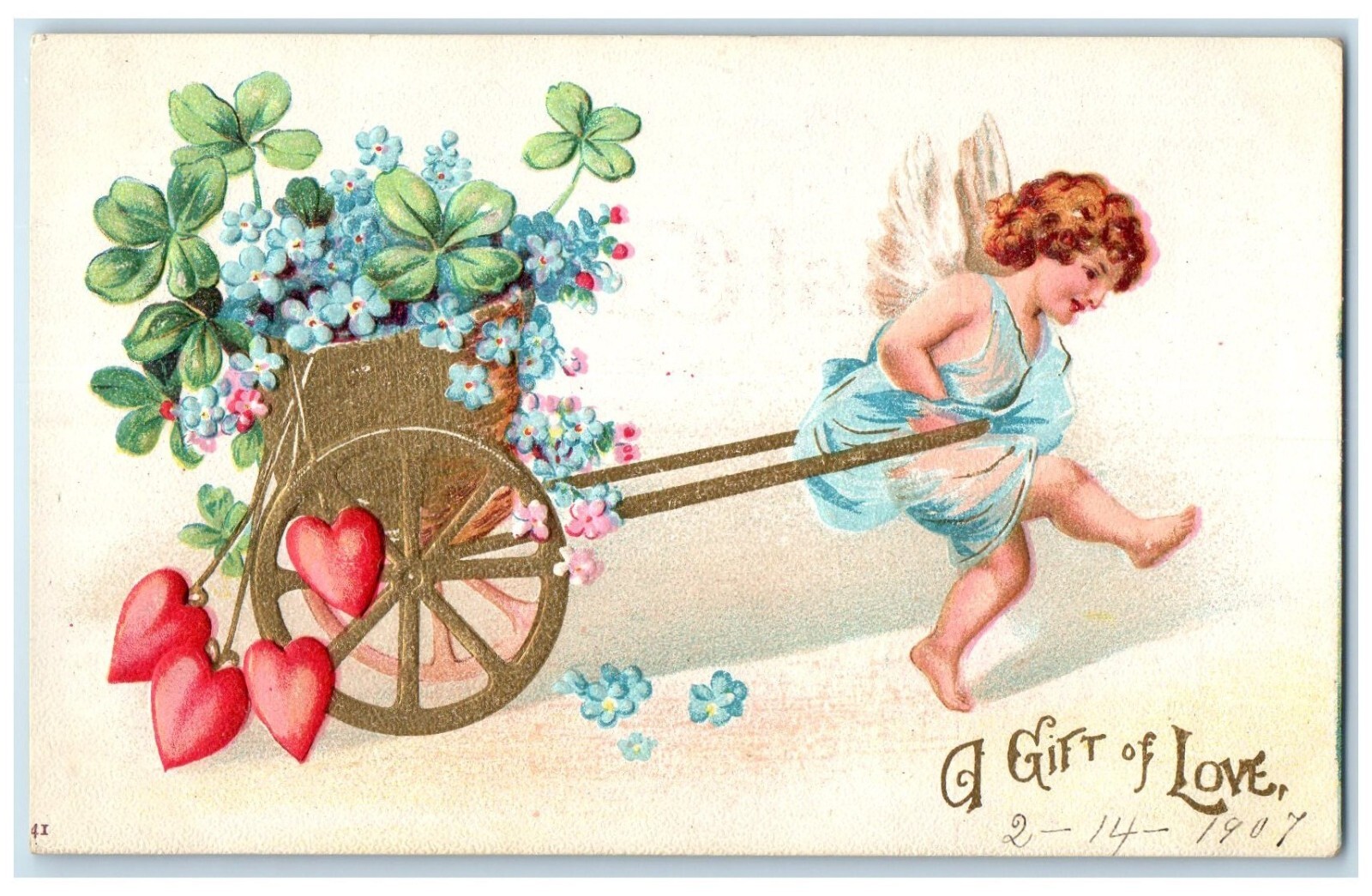 Valentine Cupid Angel Pulling Cart With Flowers Shamrock Clapsaddle ...