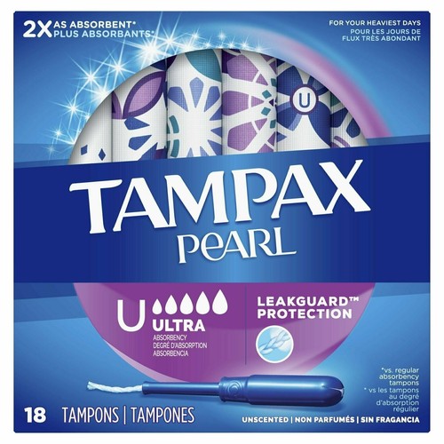 Tampax Pearl Ultra Absorbency Unscented Tampons Leakguard Protection 18 ...