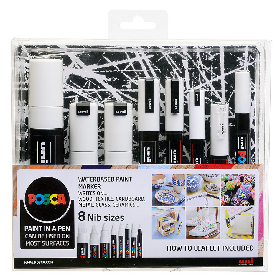 Uni Posca Marker Pen Set of 8 Assorted Tips (White) | eBay