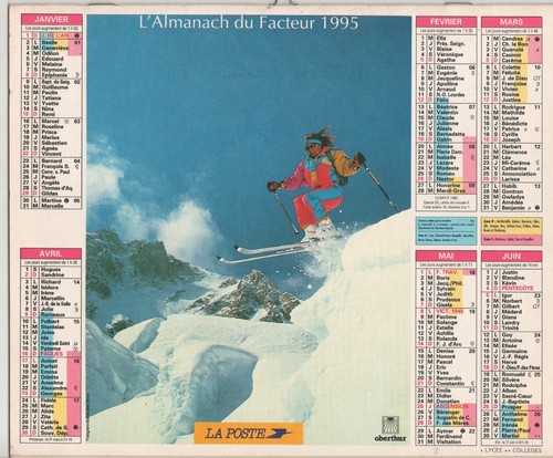 1995 - CALENDRIER DES POSTES - ALMANACH FACTEUR 02 AISNE - Ski Planche ...