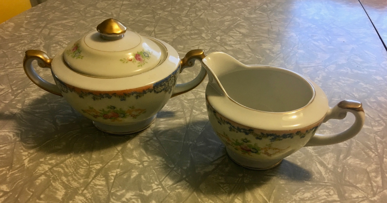 Vtg. Krescent China Sugar Bowl & Creamer Set Floral Sprays w/Blue ...
