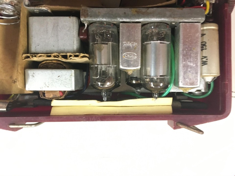 Vtg Maroon Crown portable handheld personal tube radio 6" x 4" model no ...