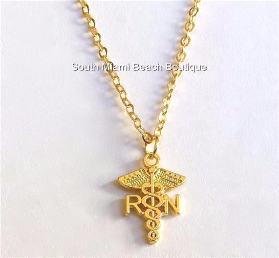 Gold RN Nurse Caduceus Necklace Plated Pendant Nursing Gift Graduation ...