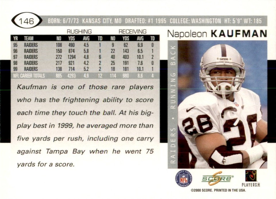 2000 Score Napoleon Kaufman Oakland Raiders #146 NFL Football Card | eBay