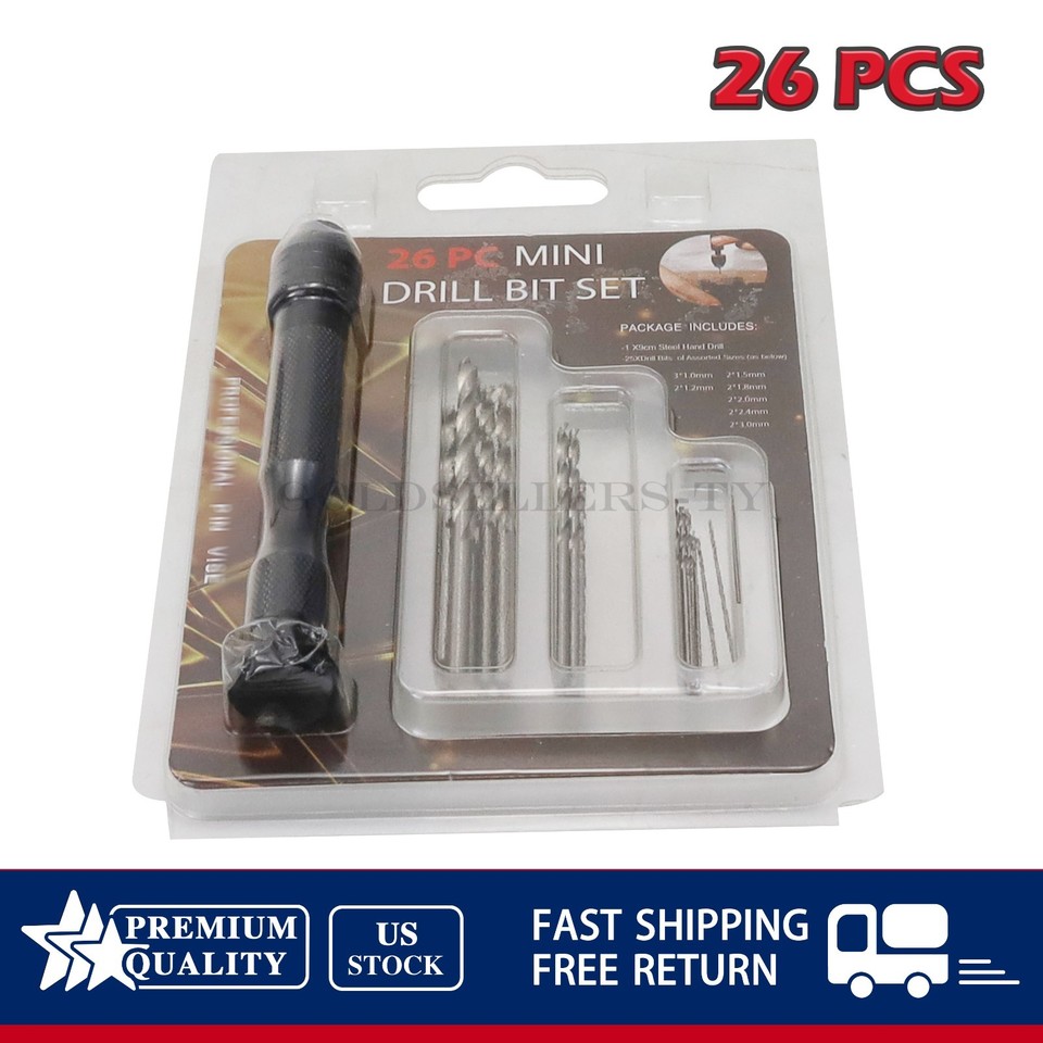 26PCS Mini Micro Drill Hand Bits Set Small Manual Keyless Chuck Pin ...
