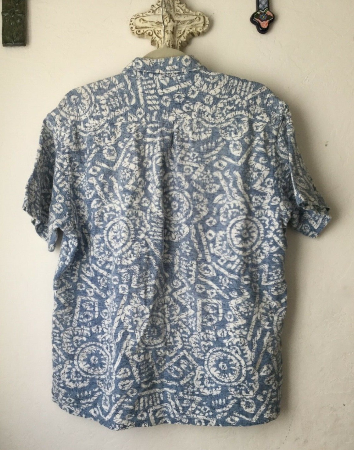 LL Bean Mens Vintage Hawaiian Shirt L Woven Thick Cotton Blue White ...
