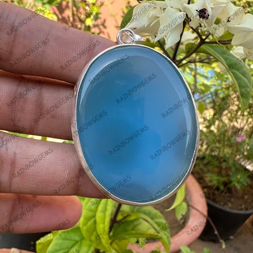 Natural Certified blue chalcedony 95 Ct Gemstone Cabochon Pendant 925 ...