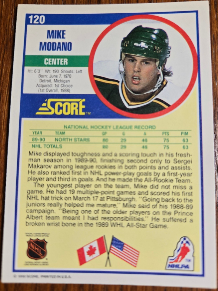 1990-91 Score Mike Modano Rookie Card RC #120 Minnesota North Stars ...