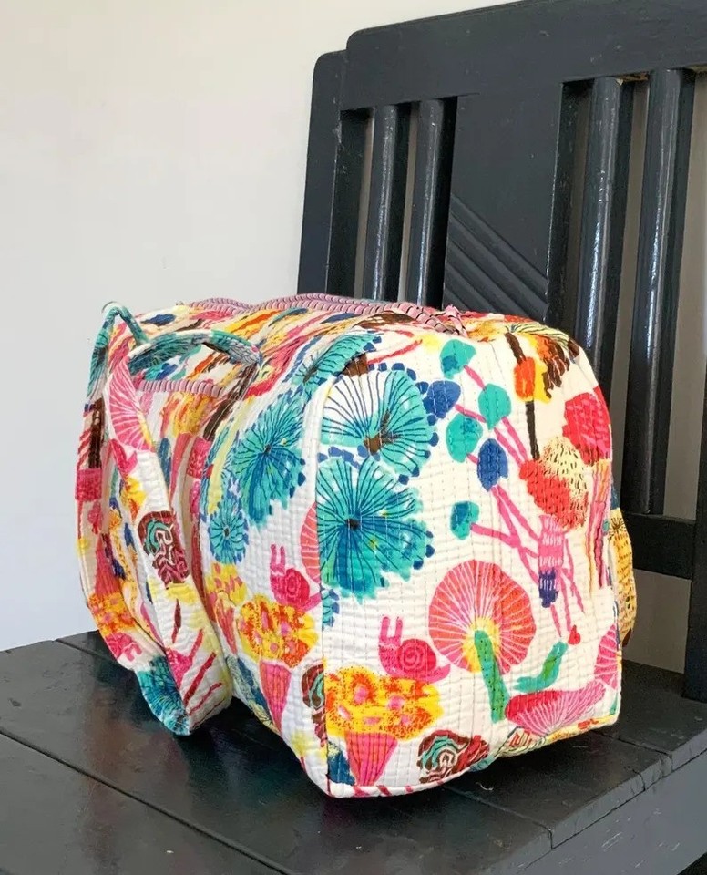 White Floral Cotton Duffle Bags Quilted Fabric Weekender Travel ...