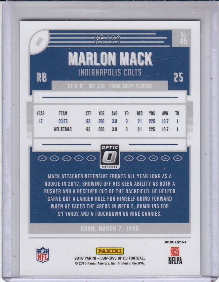 MARLON MACK 2018 Panini Donruss Optic Red #45 65/99 Colts | eBay