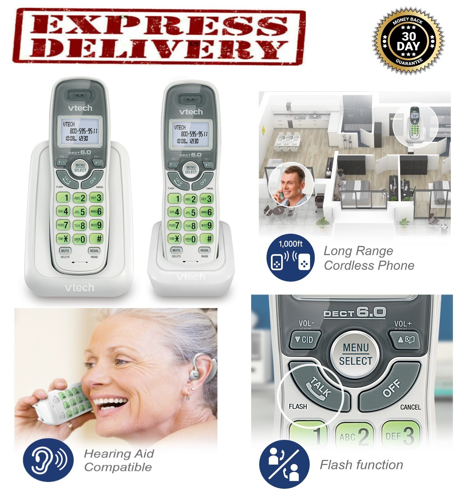 Cordless Phone Set 2 Pack Caller ID Landline Wait Home Office Mobile ...