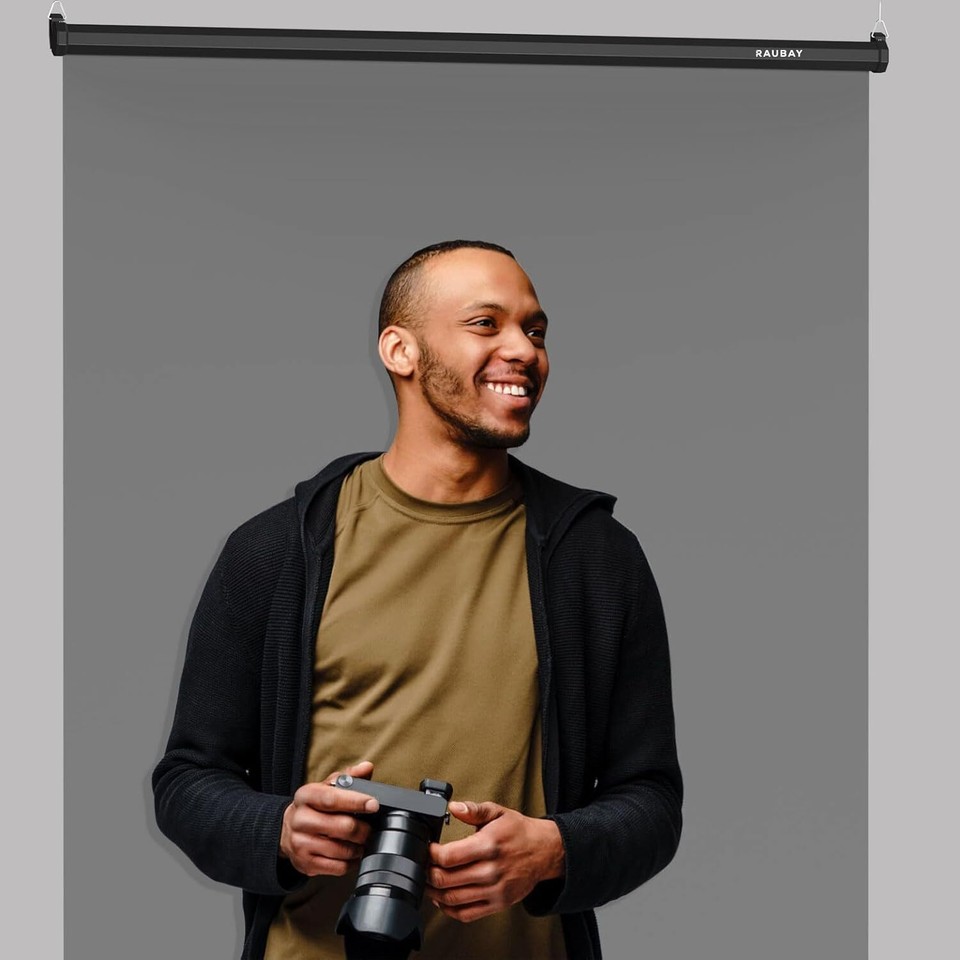 RAUBAY Retractable Pull Down Grey Screen Backdrop - 59.8" x 86.6 ...