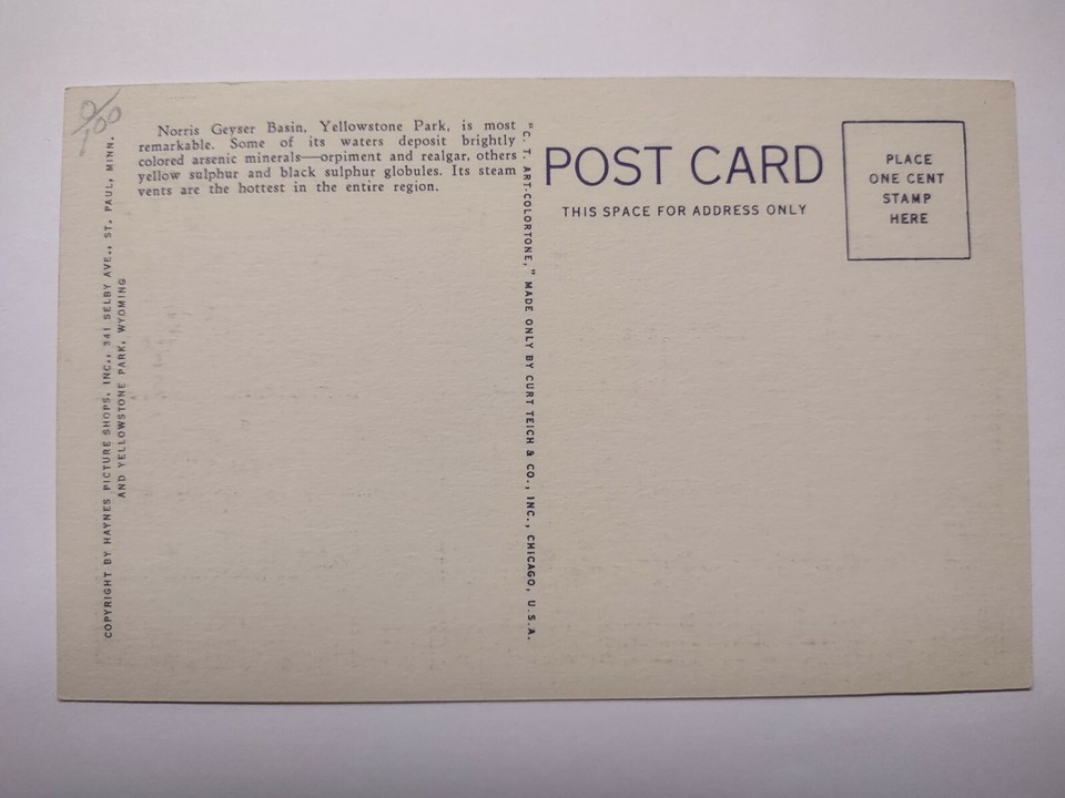Yellowstone National Park 15043 Haynes Linen Postcard Unposted Norris ...