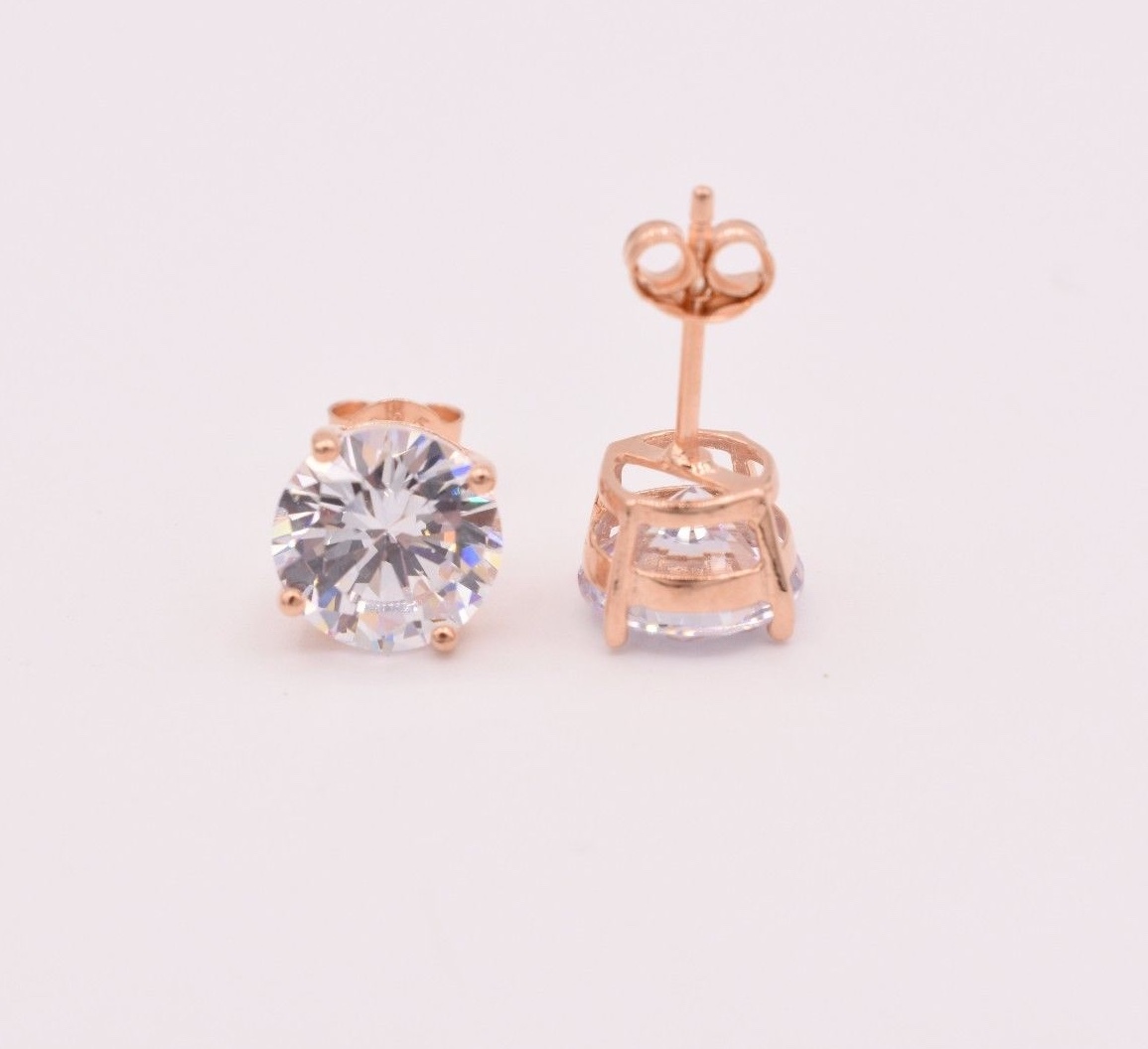 CZ Basket Round Stud Earrings 14K Rose Gold-Plated Sterling Silver 925 ...