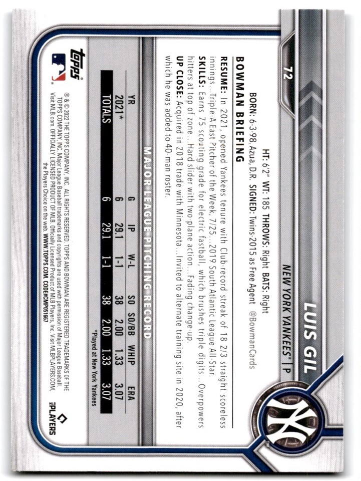 2022 Bowman Luis Gil Rookie New York Yankees #72 | eBay