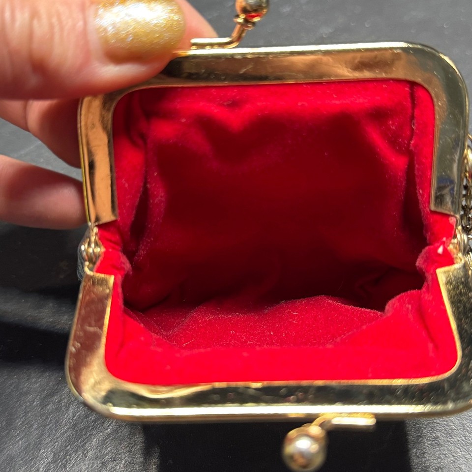 Vintage Asian Folk Art Coin Purse Keychain Kiss Lock Red Velvet Lining ...