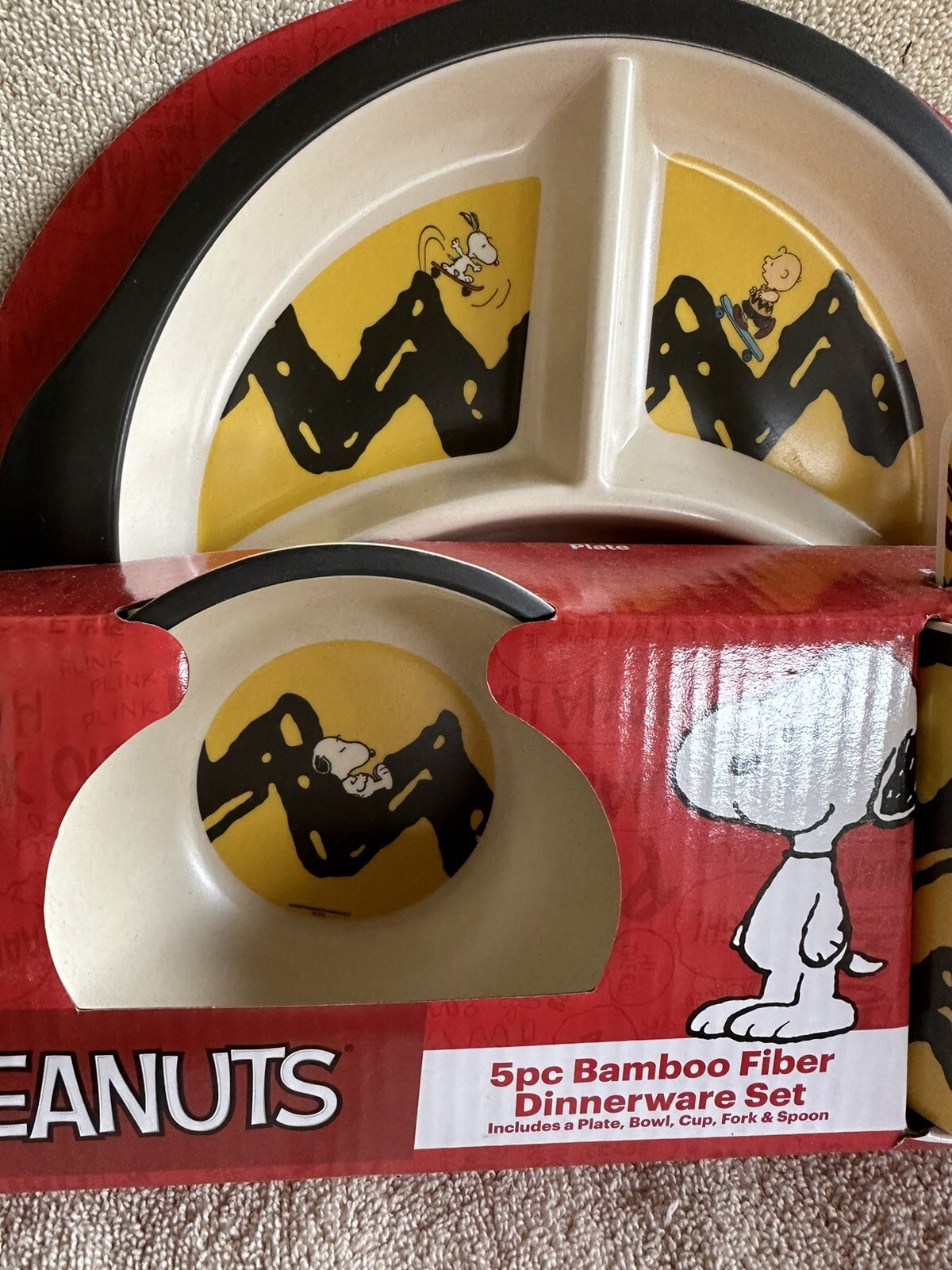 Peanuts Charlie Brown Snoopy Dishes Melamine Kids Child 5pc Dish Set ...