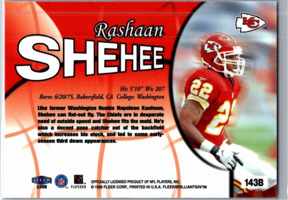 1998 Fleer Brilliants Blue Rashaan Shehee #143B Rookie RC | eBay