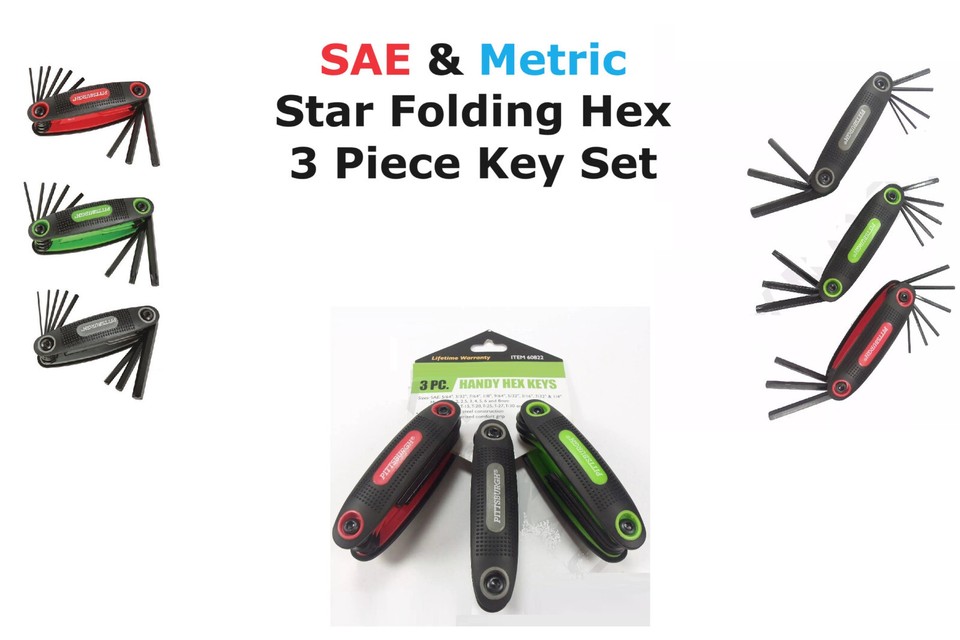3 Piece Folding Hex Key Set SAE/Metric/Star Compact Multi-Tool Allen ...