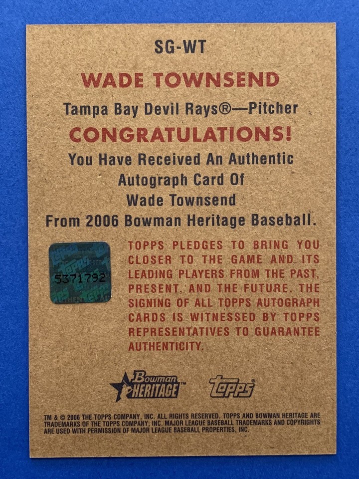 WADE TOWNSEND Signed 2006 Bowman Heritage RICE OWLS-TB DEVIL RAYS ...