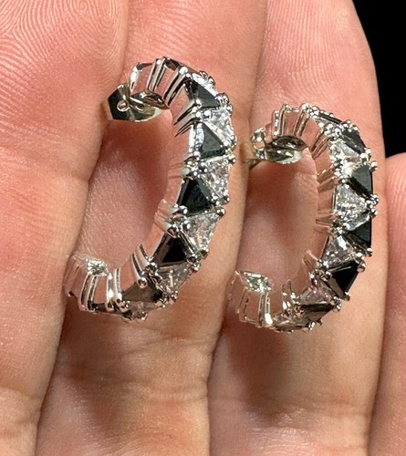 Designer LD 925 Sterling Silver Hoop Earrings Clear and Black Stones | eBay