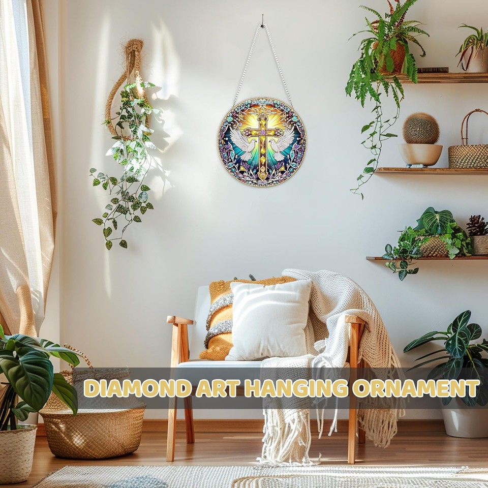 Cross Diamond Painting Pendant Kits, DIY Round Cross Diamond Art Window ...
